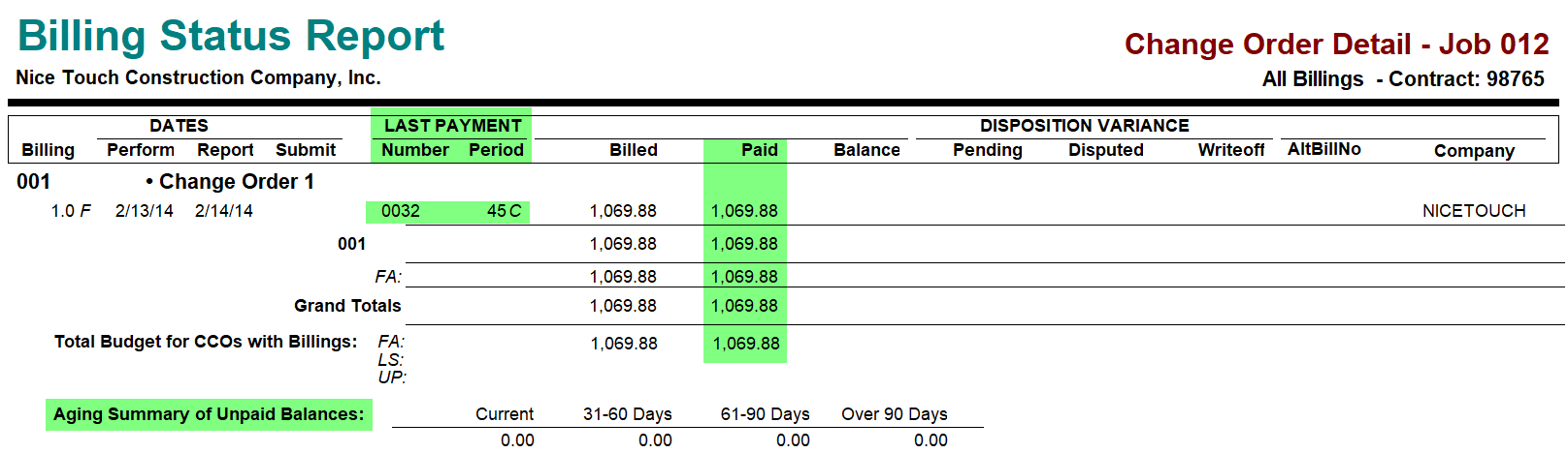 Billing Status Report